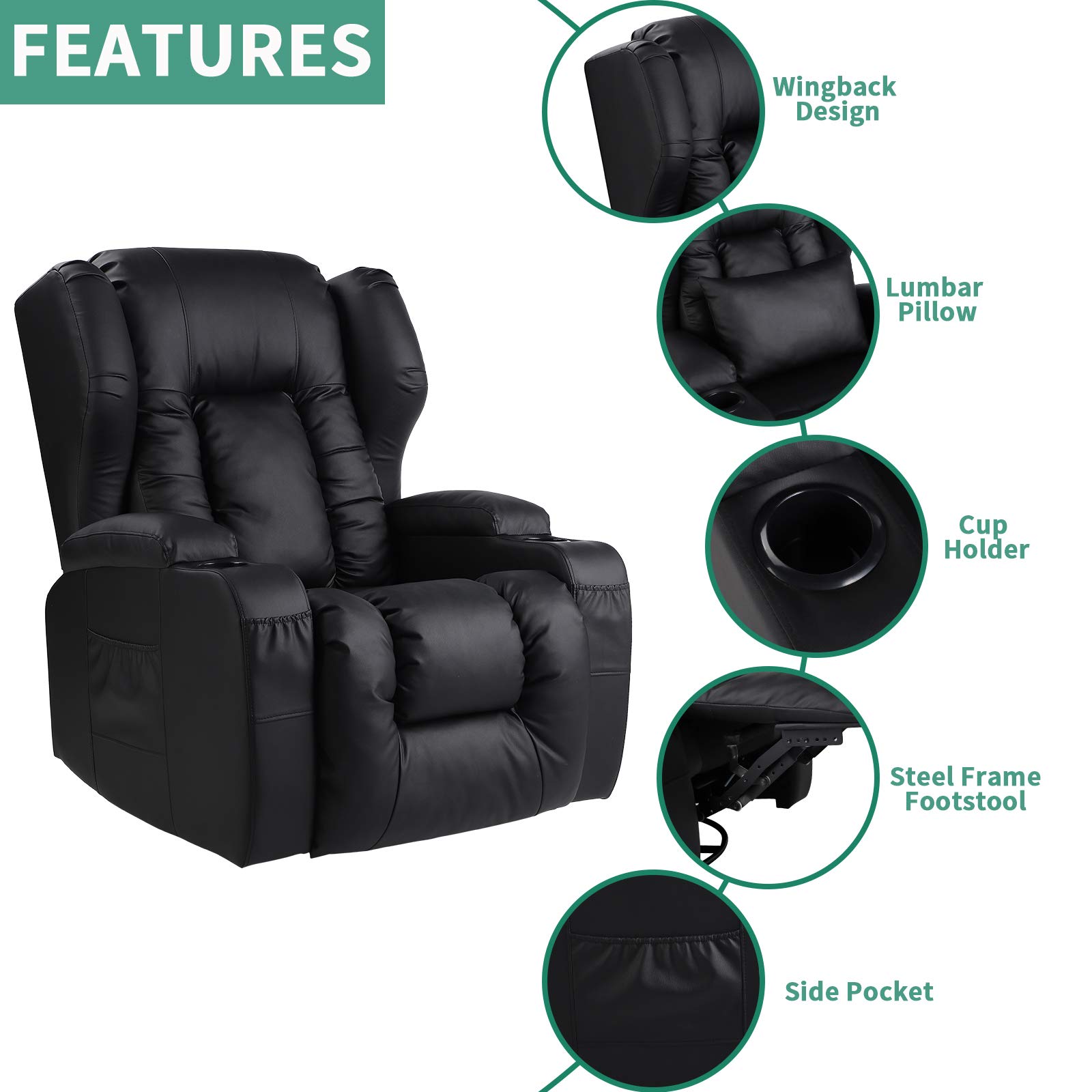 URRED Nursery Rocking Chair Glider, Swivel Rocker Recliner Chairs, Glider Rocker Nursery Recliner with Cup Holders, Side Pockets, Manual Recliner, Faux Leather (Black)