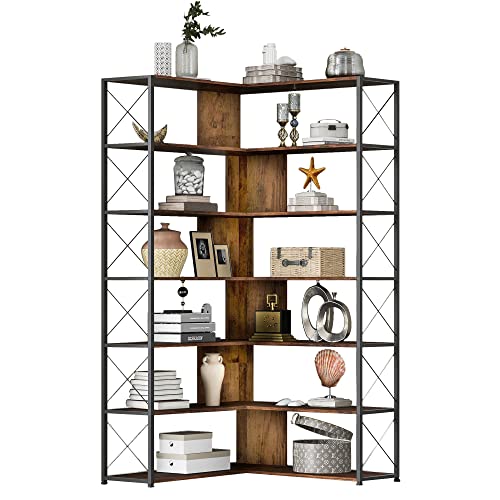 7-Tier Corner L-Shaped Bookcase Tall Bookshelf with Open Storage Industrial Etagere Shelf, Freestanding, Metal Frame, Brown