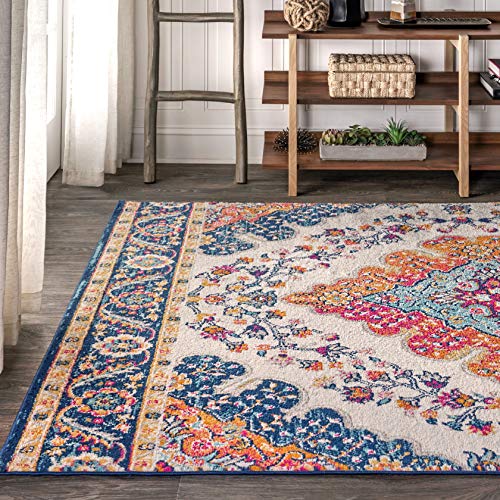 JONATHAN Y BMF106A-4 Bohemian Flair Boho Vintage Medallion Blue/Multi 4 ft. x 6 ft. Area-Rug, Vintage, Easy-Cleaning, for Bedroom, Kitchen, Living Room, Non Shedding