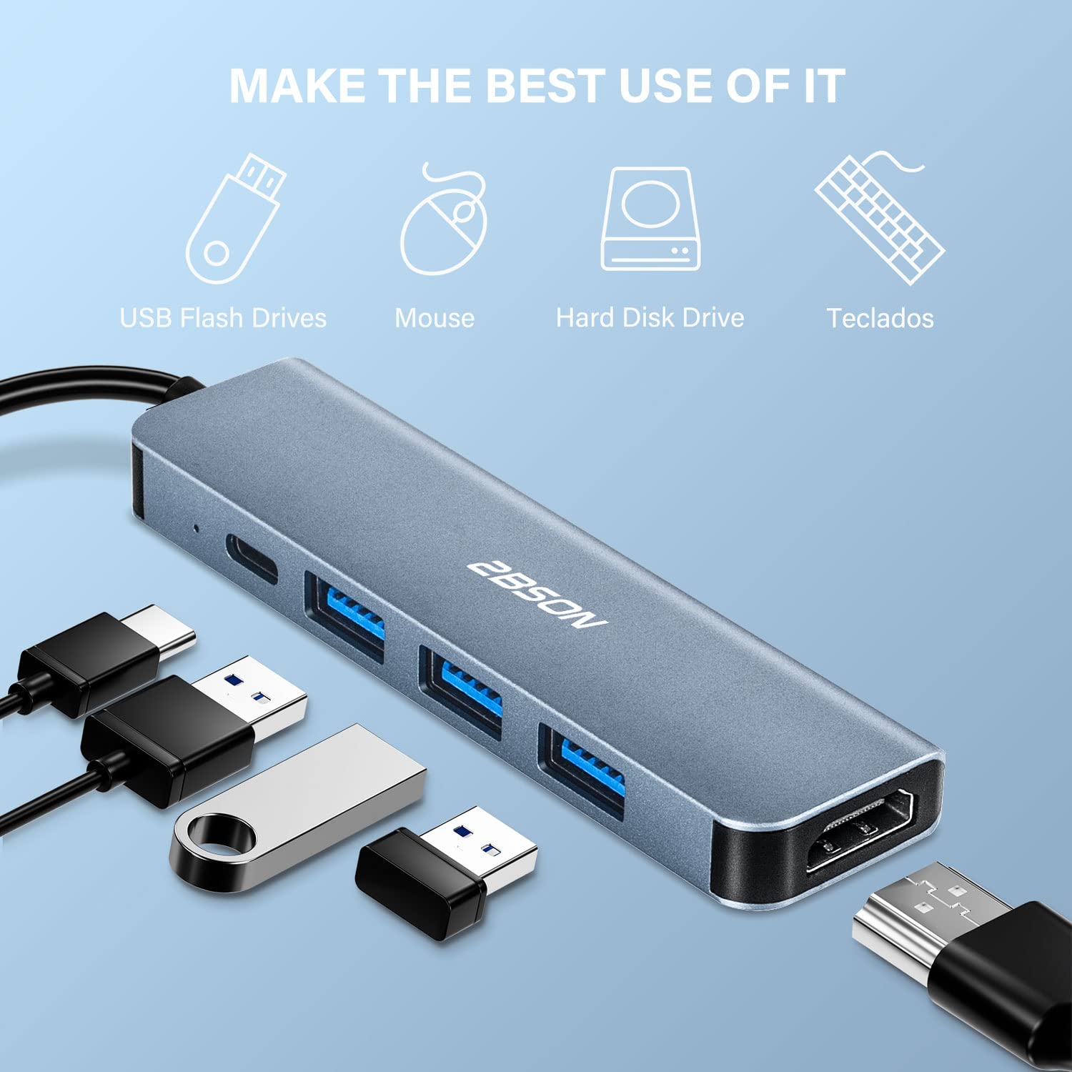 2BSON USB C Hub Adapter 5 in 1 with PD 100W, 4K HDMI, 1 USB-A 3.0, 2 USB-C 2.0, Docking Station Compatible with MacBook, Dell, Surface.