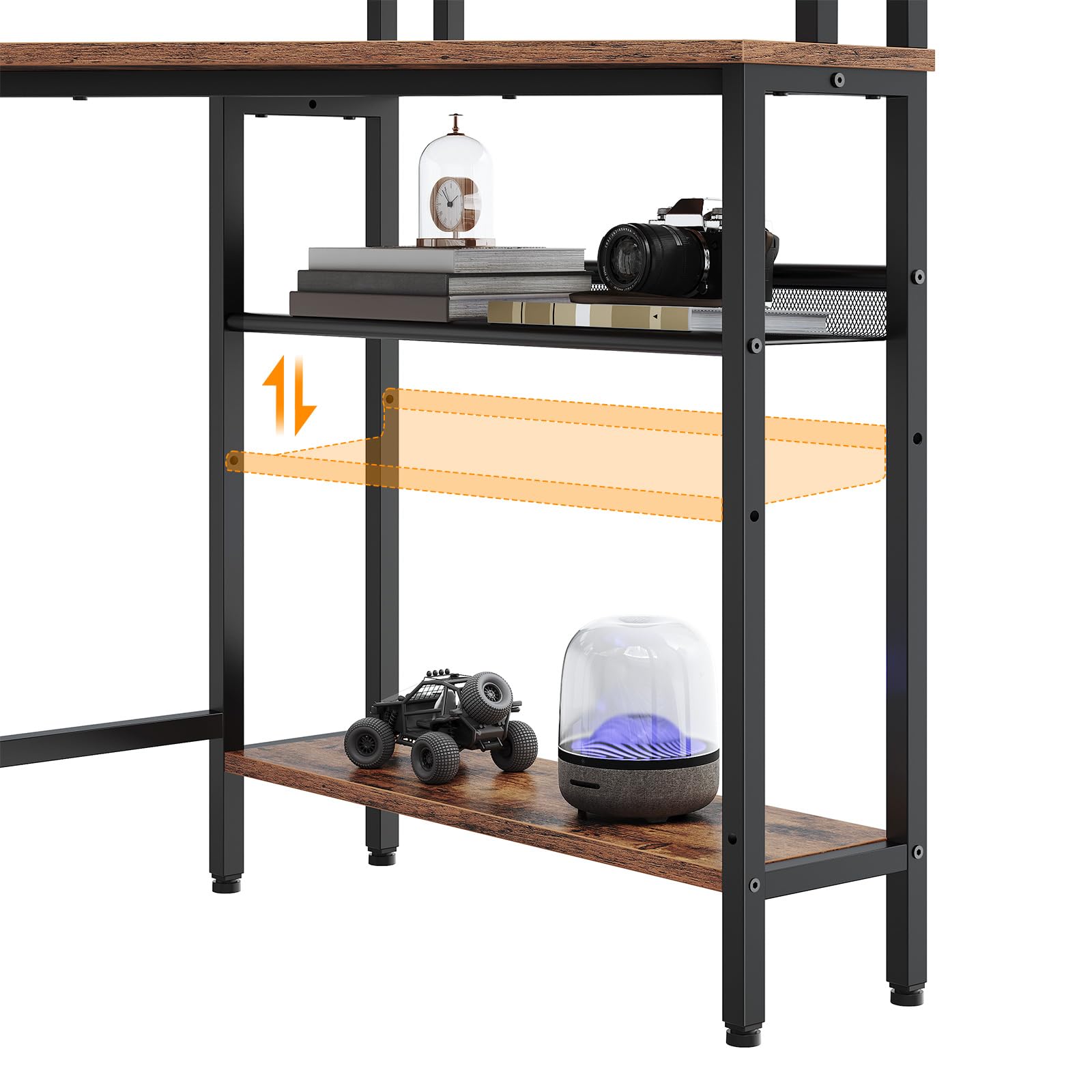 HOOBRO Corner Desk, Gaming Table with Charging Station and LED Strip, 90° Corner Computer Table, Mobile PC Holder, Adjustable Mesh Shelf, for Small Space/Home Office, Rustic Brown and Black BB70UDDN01