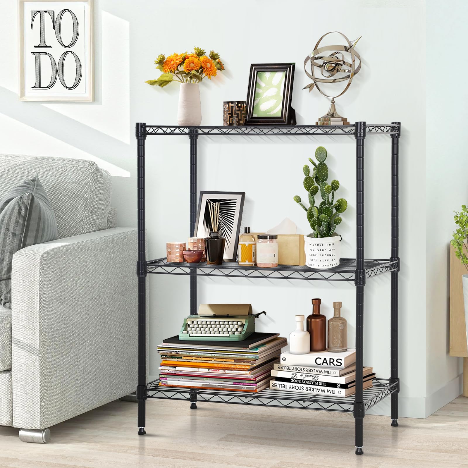 3 Tier Steel Wire Shelving,Adjustable Utility Metal Shelves for Storage,Storage Shelves Heavy Duty with Leveling Feet for Kitchen,Garage,Pantry,Clothset,100ps Per Shelf,Black,(23 x 13.2 x 30.2 inches)
