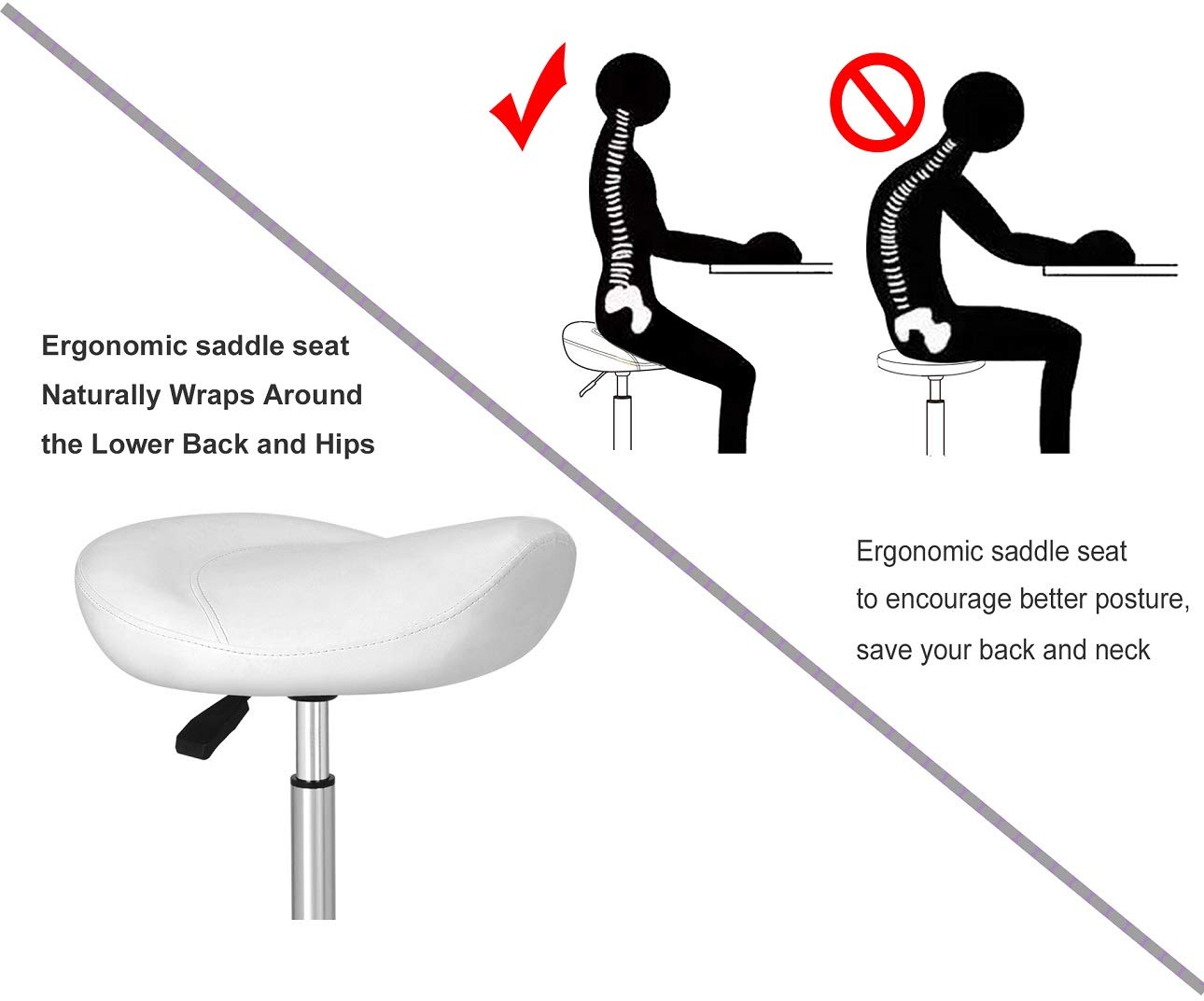 Kaleurrier Ergonomic Rolling Swivel Saddle Stool with Wheels,Hydraulic Pneumatic Lifting Height Adjustable Lightweight Chair for Clinic Hair Salon Massage Lab Kitchen Home Office (White, Without Back)