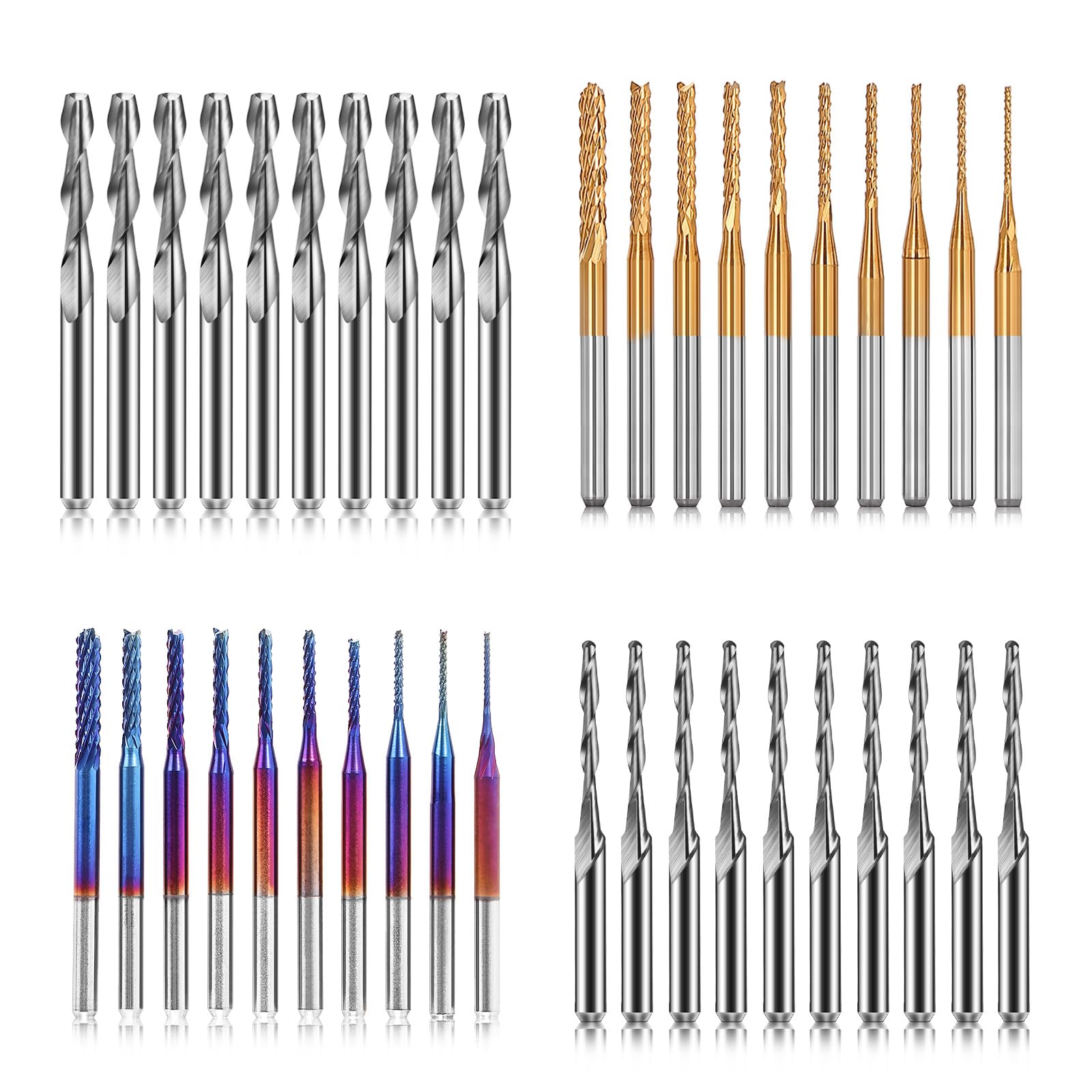 40pcs End Mills CNC Router Bits, 1/8 inch(3.175mm) Shank CNC Milling Carving Bit Set Including 2-Flute Flat & Ball Nose Spiral Bits, Nano Blue Coat & Titanium Coat End Mill, Suitable for ER 11 Collet