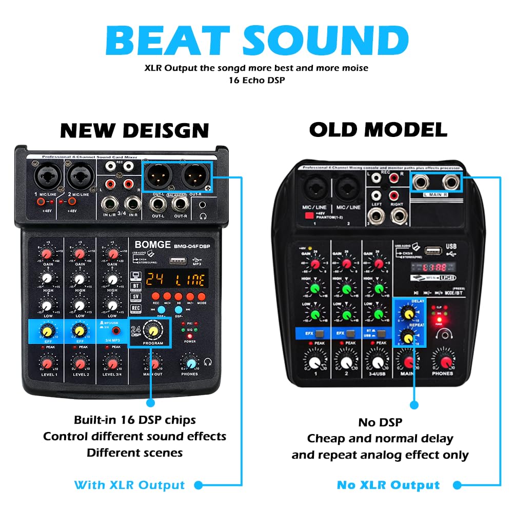 BOMGE 4 Channel mini DJ Audio Sound Mixer Interface with MP3、 USB, Bluetooth, Stereo Recording, 48V Phantom Power, 24 DSP for karaoke, performance, church singing 、 podcas streaming