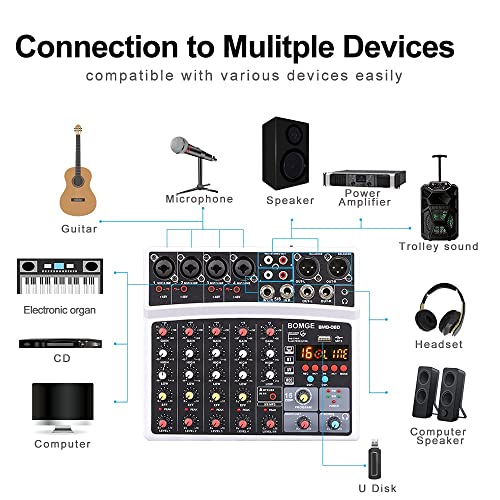 BOMGE 6 Channel Audio Sound Mixer - Professional Digital DJ Mixing Console for Live Streaming, Karaoke and Stereo Recording - With PC Computer Record Playback/Bluetooth/MP3/USB/48V /16 DSP Echo