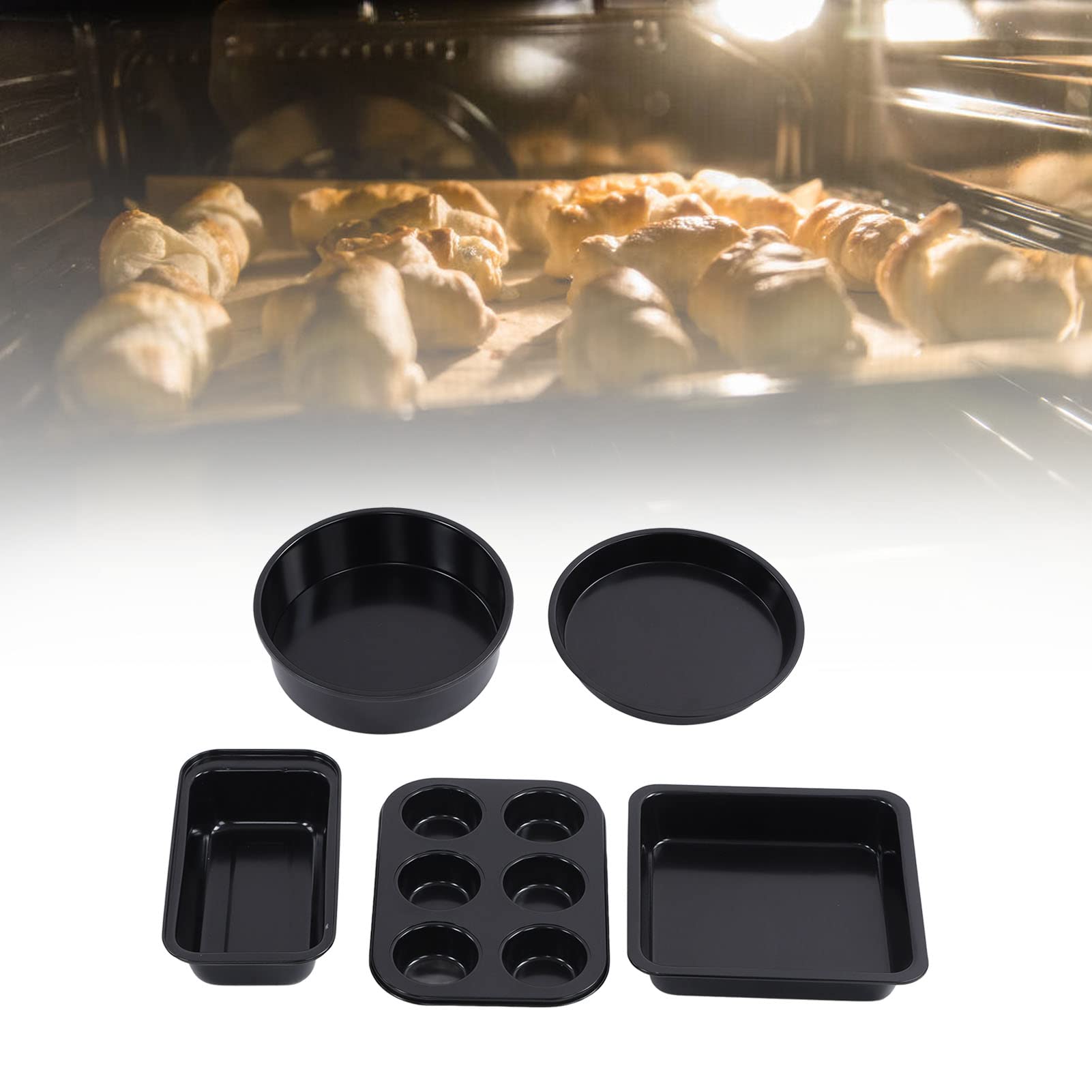 5Pcs Nonstick Bakeware Set Carbon Steel Baking Pans Kit High Temperature Resistance with Cake Mold,Baking Sheet,Pizza Tray,Quadrate & Rectangular Baking Pan for Household Bakery(Black)
