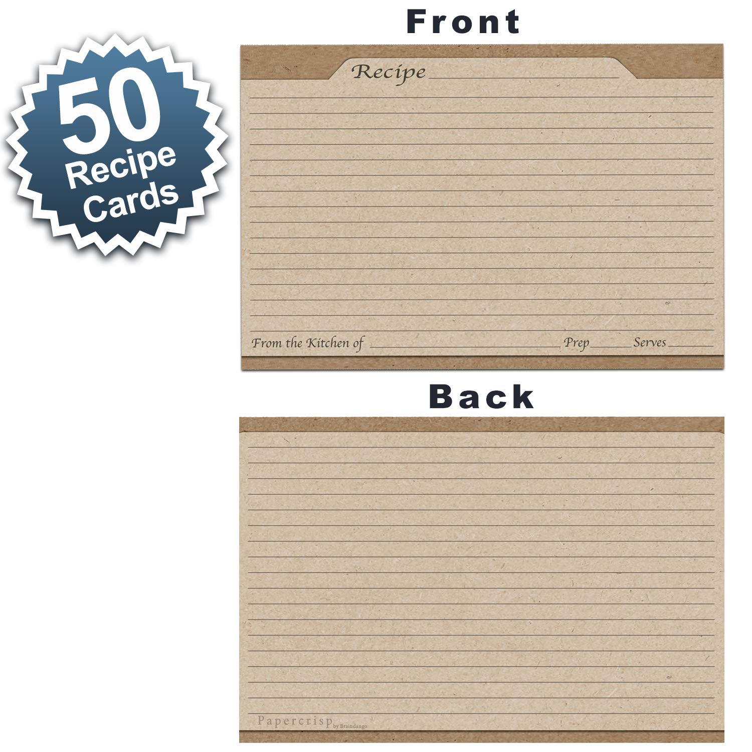 50 Pack 4x6 Double Sided Recipe Cards | Vintage Rustic Retro Kraft Design | Large Thick Easy-Write Card Stock | Wedding Bridal Shower Gift 4 x 6