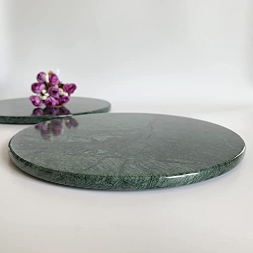 StonePlus Natural Round Marble Tray Glossy Pastry Board for Dessert, Cheese, Coffee, Smooth on Both Sides (Green)
