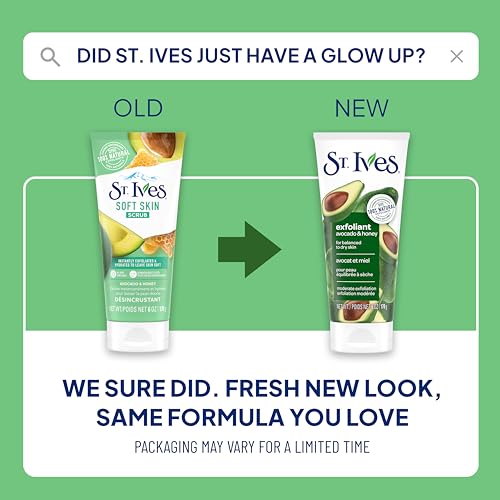 St. Ives Soft Skin Face Scrub, Avocado & Honey Moderate Exfoliator For Soft, Smooth Skin, Oil-free Facial Scrub Made with 100% Natural Exfoliants, 6 oz, 6 Pack
