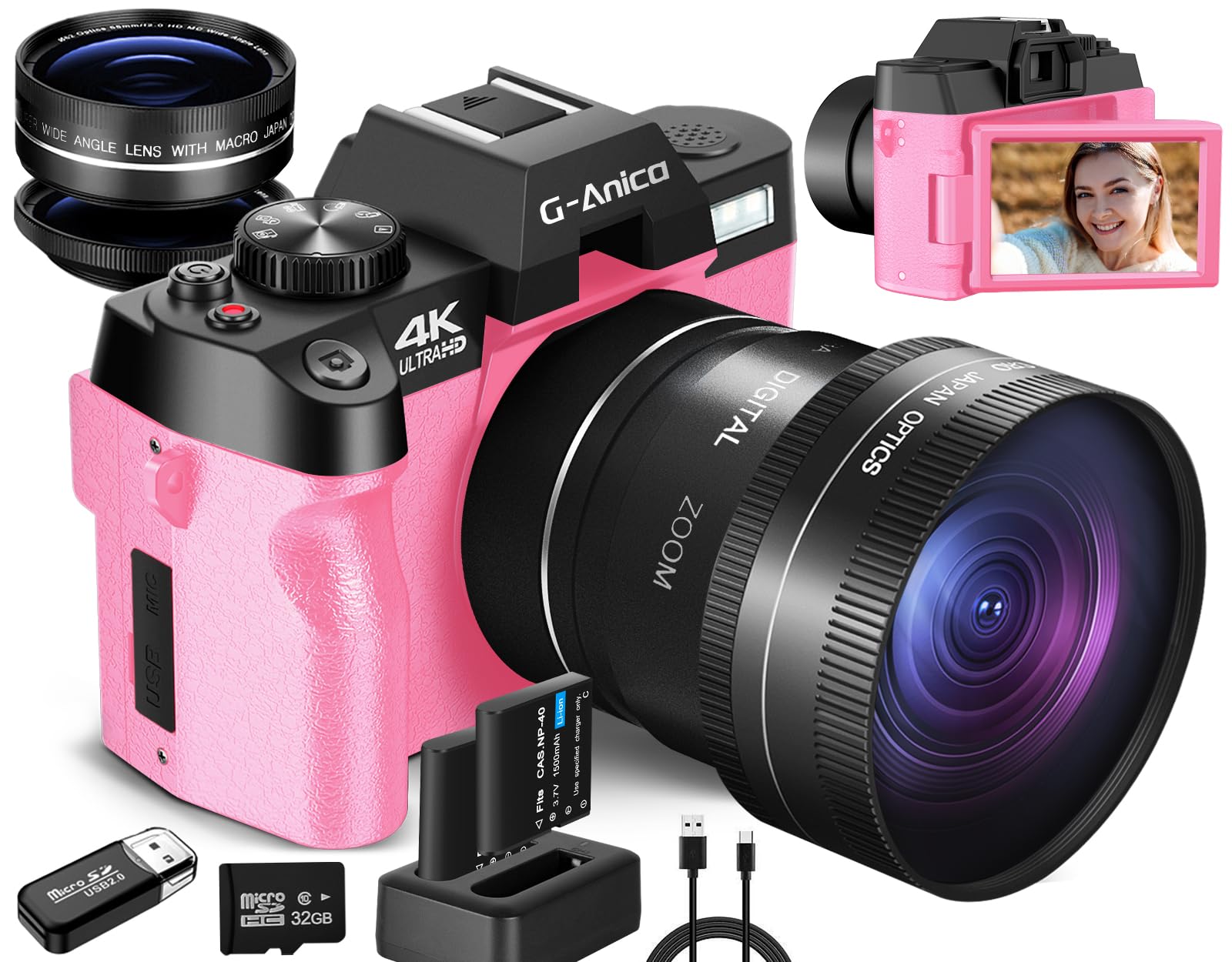 4K Digital Cameras for Photography, 48MP Vlogging Camera for YouTube with WiFi, 180° Flip Screen Compact Camera with Flash, 16X Digital Zoom Travel Camera with Wide-Angle &Macro Lens (Pink)
