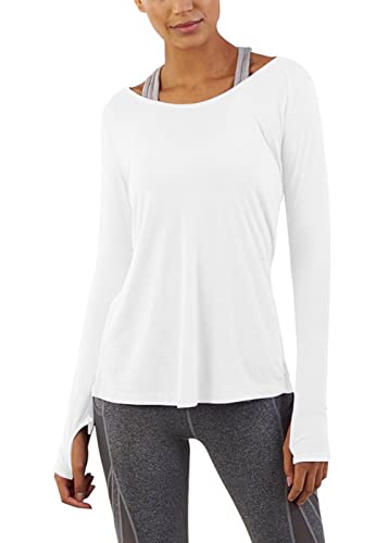Bestisun Women's Long Sleeve Workout Tops Yoga Athletic Shirts Exercise Clothes Tunic Sweatshirts White S