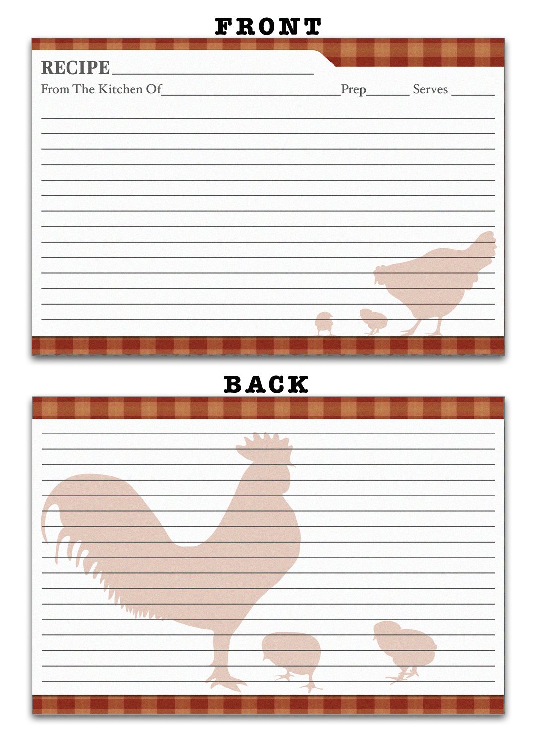 50 Pack 4x6 Double Sided Recipe Cards | Vintage Rustic Retro Plaid Farm Chicken Design | Large Thick Easy-Write Card Stock | Wedding Bridal Shower Gift 4 x 6