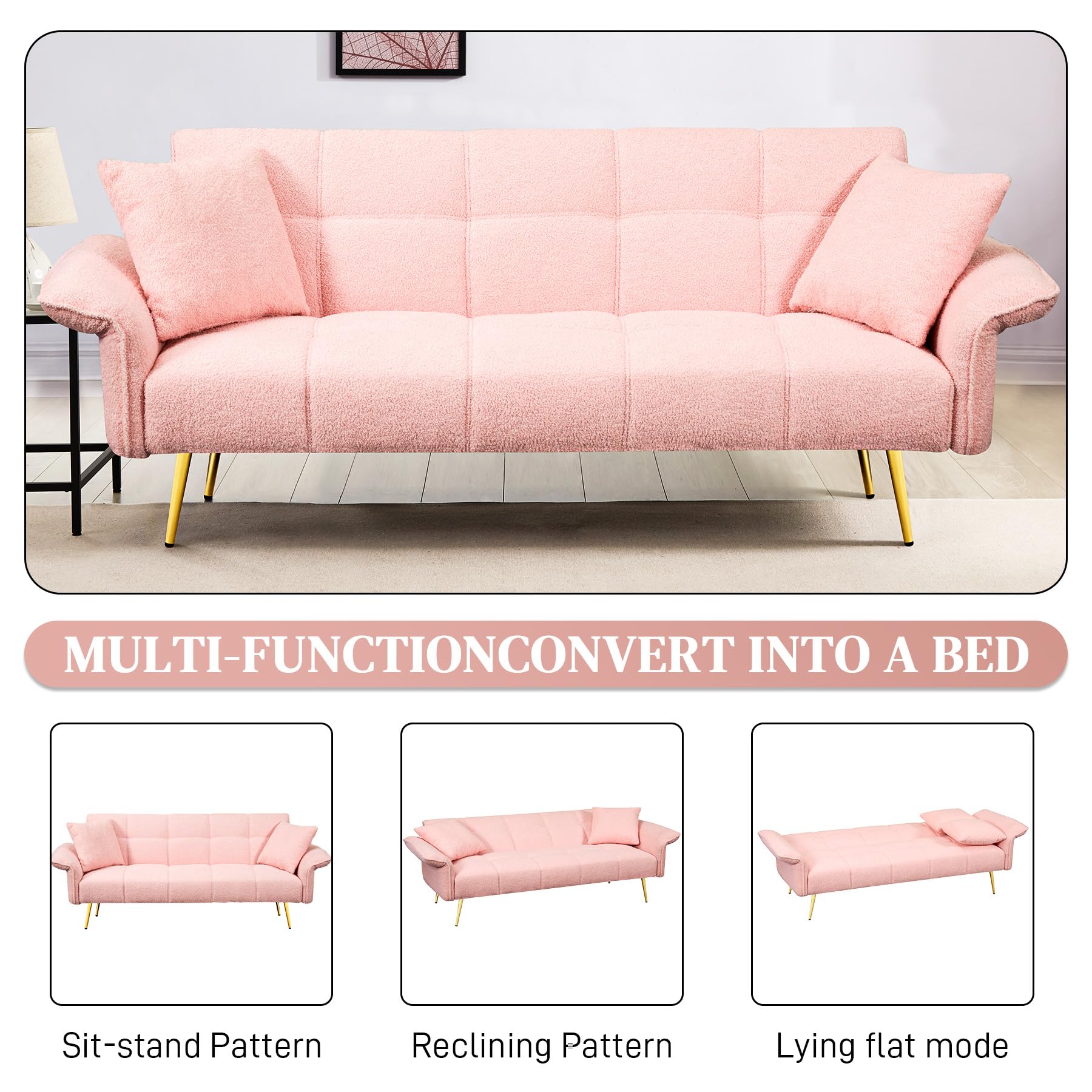 OUYESSIR Teddy Futon Sofa Bed with 2 Pillows, Small Couch, Convertible Futon Sleeper Sofa with Folding Armrests, 70" Modern Loveseat Couch for Bedroom, Living Room (Pink)