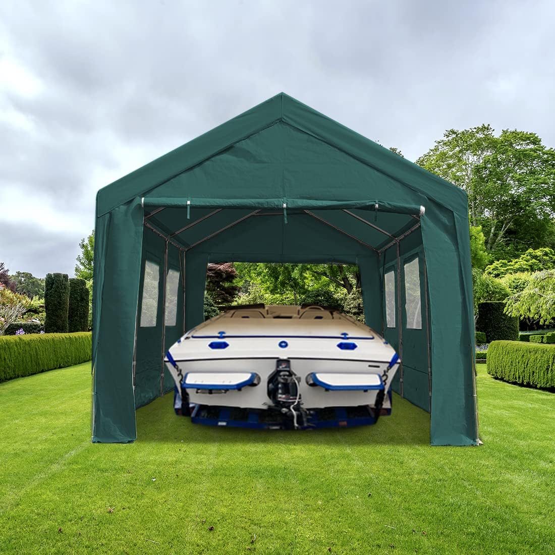 ADVANCE OUTDOOR 12x20 ft Heavy Duty Adjustable Carport with 6 Roll-up Ventilated Windows & Removable Sidewalls Car Canopy Garage Boat Shelter Party Tent, Peak Height from 9.5ft to 11ft, Green