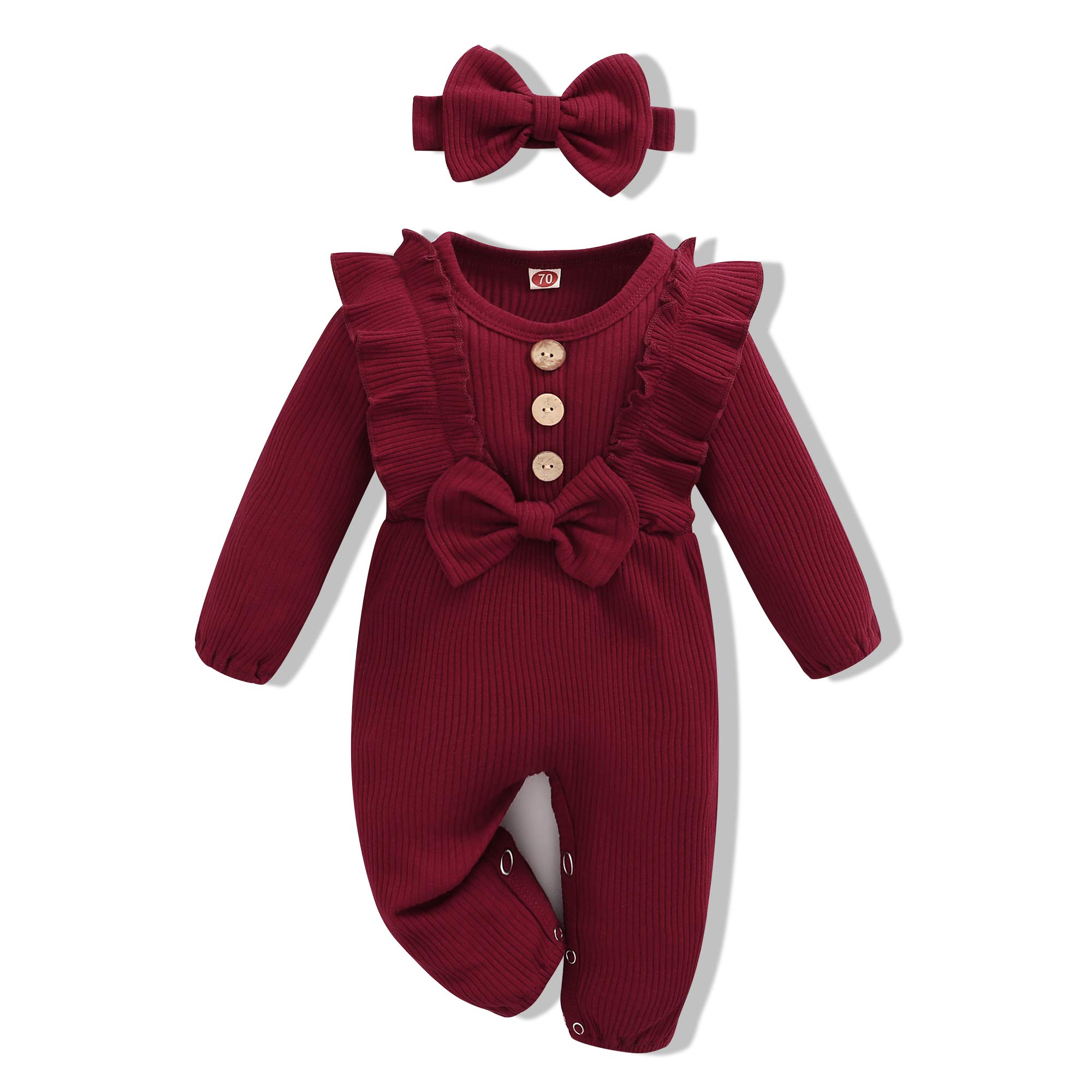 nilikastta Baby Girls Clothes Newborn Infant Ruffle Long Sleeve Romper Jumpsuit(Wine Red2,0-3M)