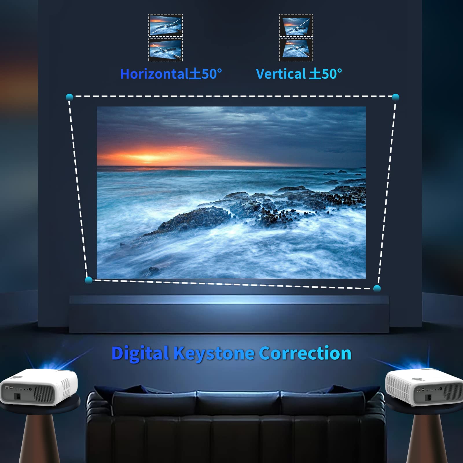 4K Projector with Wifi and Bluetooth,Native 1080P Outdoor Movie Projector,Smart Home Projector for Phone/PC/TV Stick,Full-Sealed Optical Engine,Zoomable,20W Speakers,500 inch Display