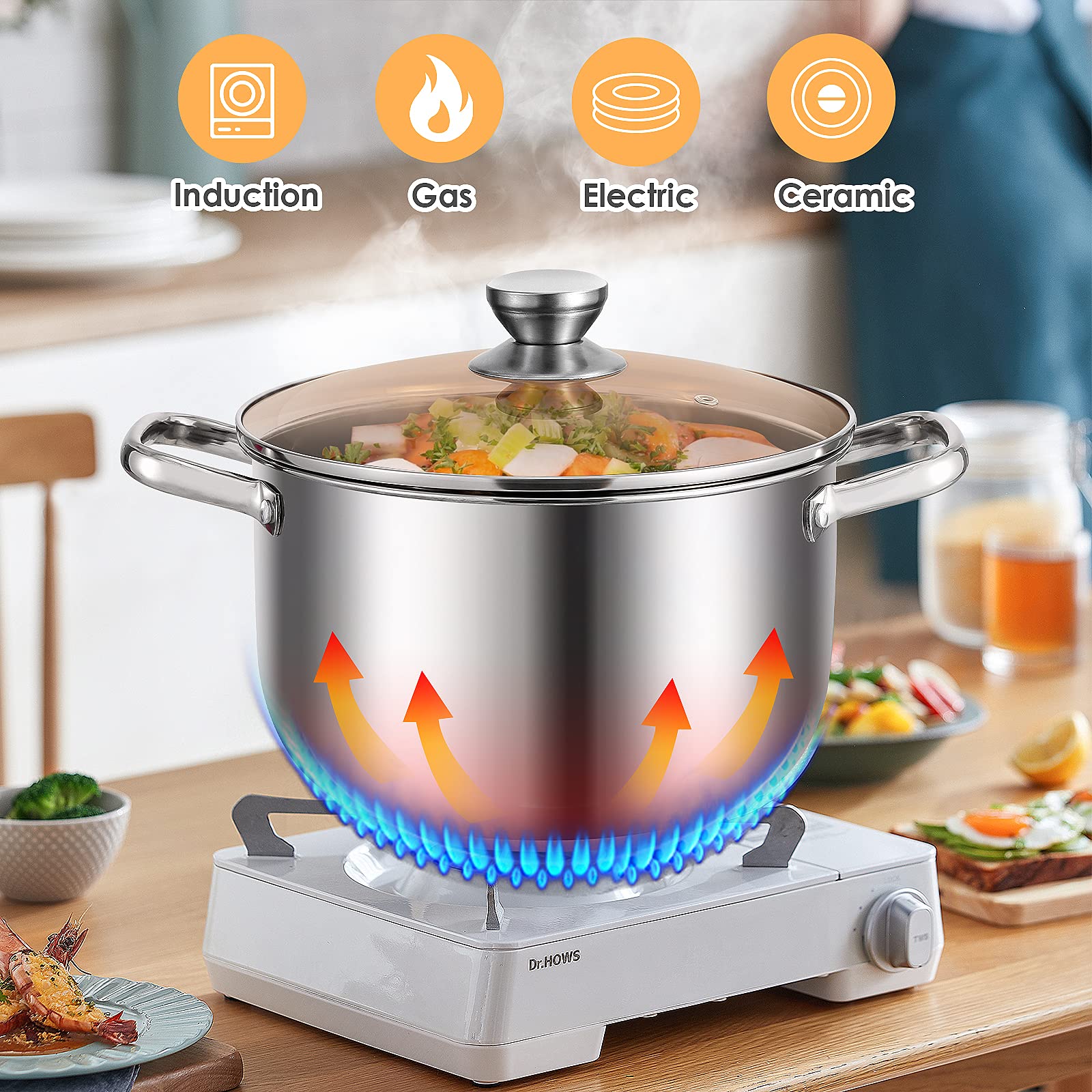 8 QT Soup Pot, Stainless Steel Stockpot with Lid, Saucepot Pasta Cooking Pot with Double Handles, Dishwasher Safe