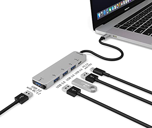 EZQuest USB C Hub 5 in 1 with 4 USB A 3.0 Ports (1 with BC 1.2), 1 USB C PD 3.0 with FRS - Compatible with USB C Laptops and Devices