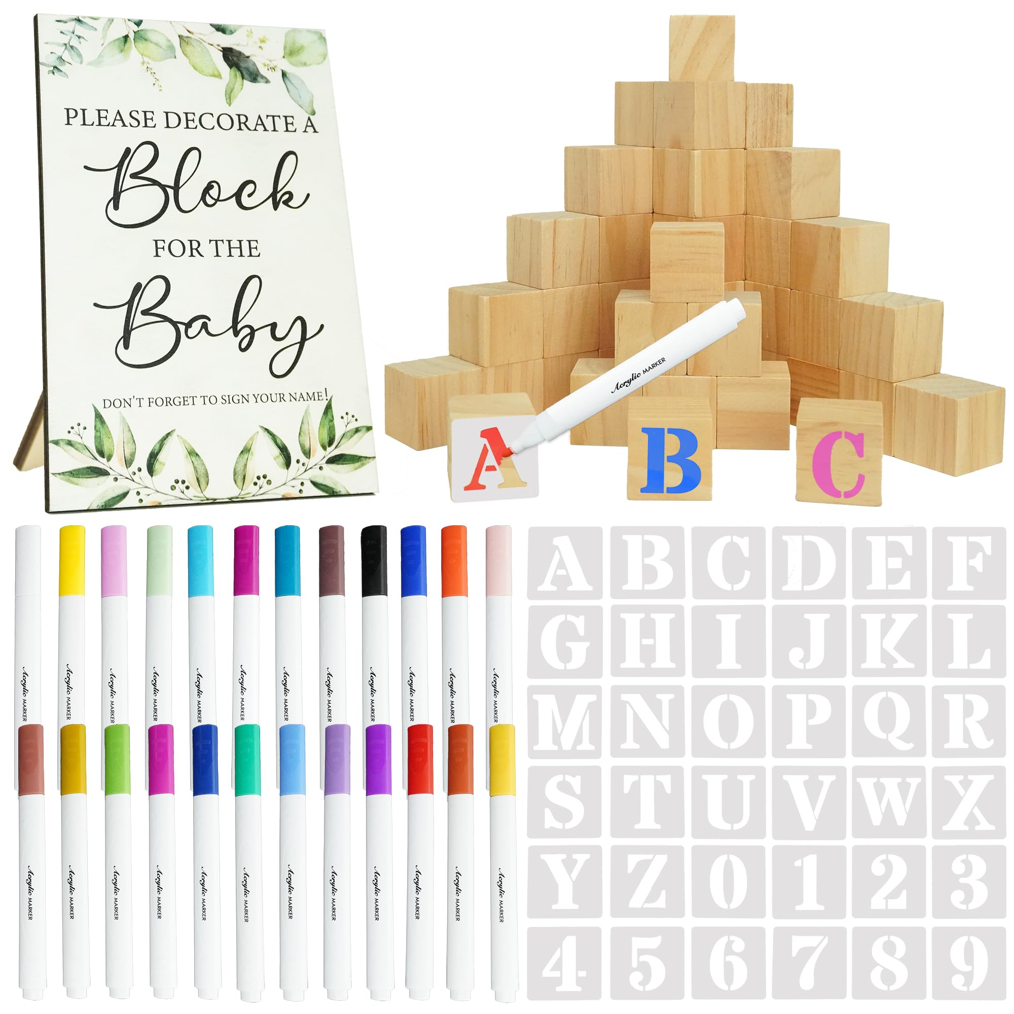 Geeday Baby Shower Blocks to Decorate 111 Pcs Includes 36 Stencils 50 Blank Baby Blocks 24 Acrylic Markers - Plain Wooden Blocks Great for Boho Baby Shower Decorations Gender Reveal Baby Shower Games