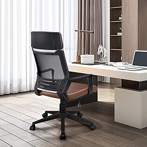Yaheetech Executive Office Chair, Ergonomic High Back Leather/Mesh Desk Chair with Headrest and Lumbar Support, Swivel Chairs on Wheels/Castors for Home Office, Brown