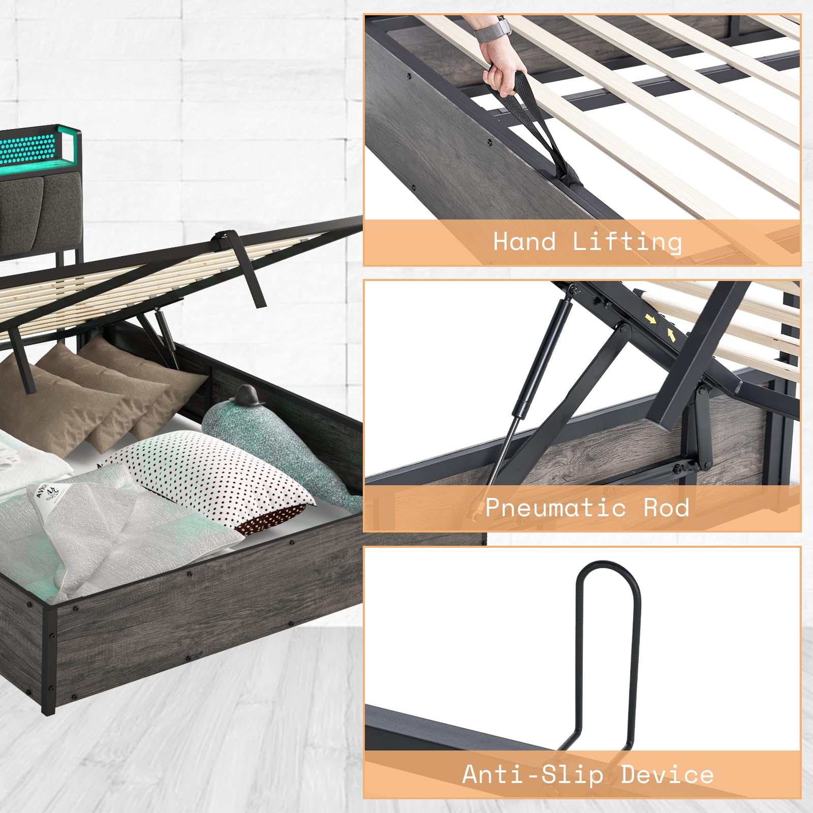AMERLIFE Queen Size Lift Up Bed Frame with Linen Upholstered & LED Light & Storage Headboard, Platform Bed Frame with Charging Station, No Box Spring Needed, Noisy Free, Rustic Grey