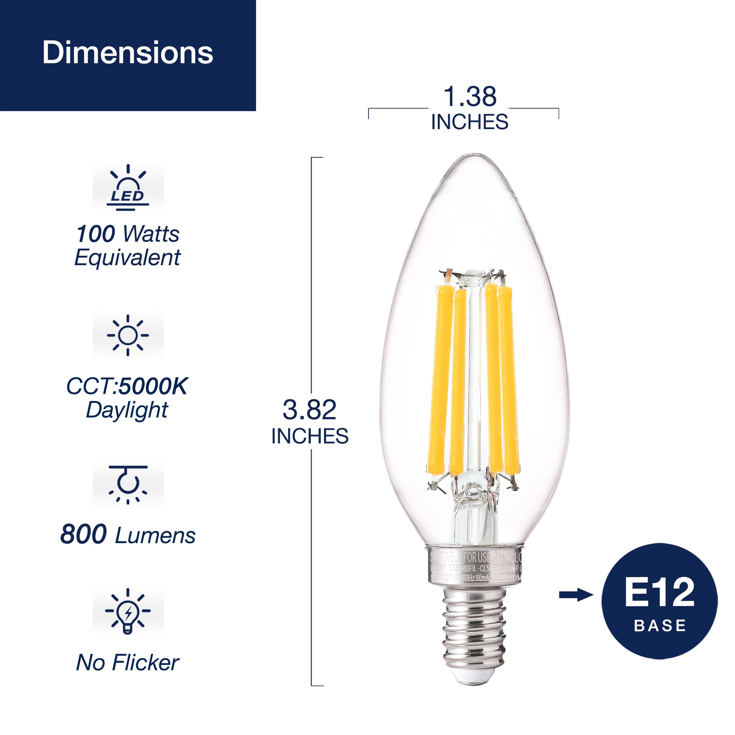 FLSNT 100W Equivalent Candelabra LED Bulbs 5000K Daylight, Dimmable LED Chandelier Light Bulbs for Dining Room, Living Room, Porch, 800LM, E12 Base, 6 Pack