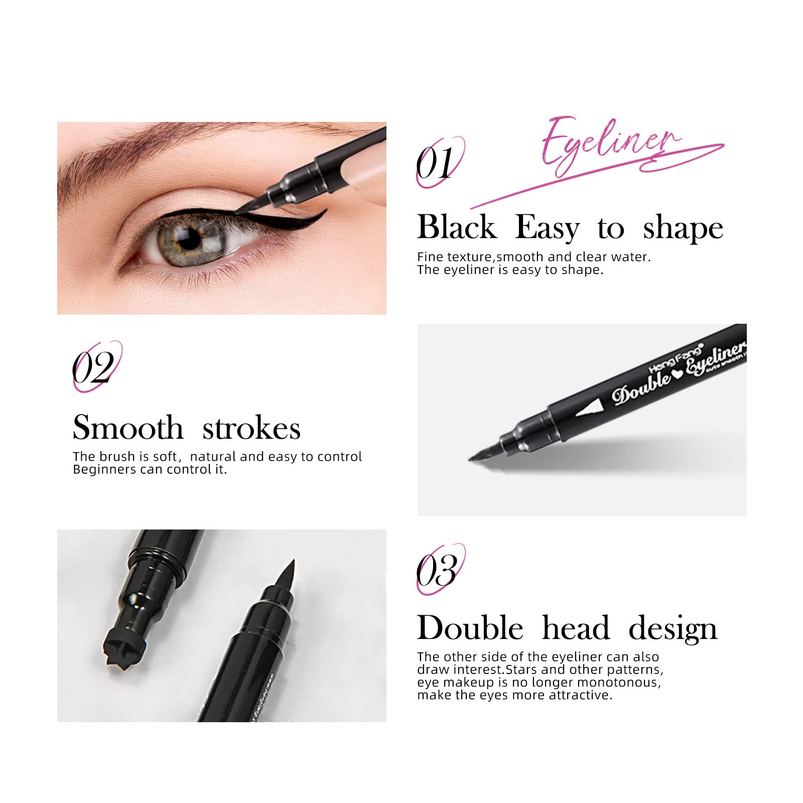 LAMUSELAND Eyeliner Stamp Wingliner, Waterproof Smudgeproof Liquid Eye Liner Gel Pen Set, Long Lasting Heart Black Thin Double Ended Pencil Makeup Tools for Women (A Star)