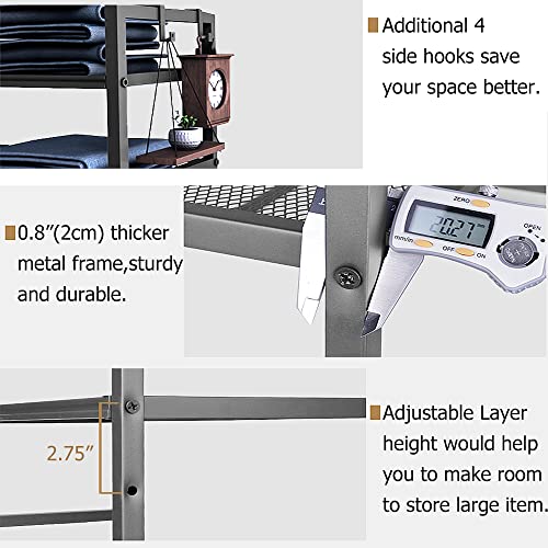 EKNITEY Adjustable Storage Shelf, Metal Kitchen Shelving, Microwave Oven Shelf Utility Storage Shelf with 4 Hooks(4-Tier)