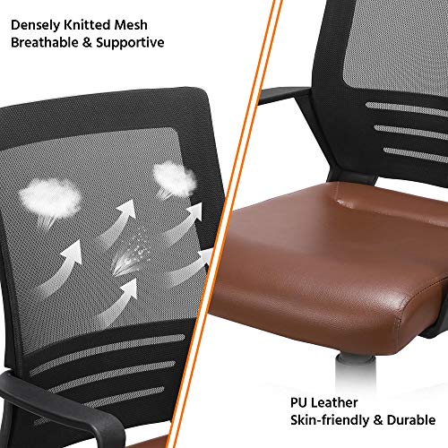 Yaheetech Mid Back Mesh Chair w/Leather Seat Executive Office Chair Computer Task Chair with Armrests Ergonomic Desk Chair with Lumbar Support, Brown