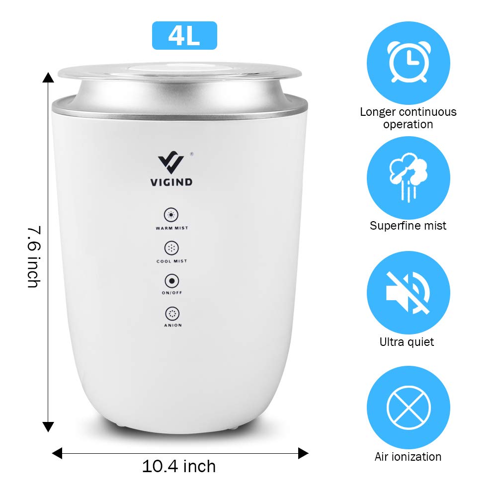 4L Ultrasonic Cool & Warm Mist Humidifier with Adjustable Mist Level, Whisper Quiet and Auto Shut Off Ultrasonic Vaporizer Aroma Essential Oil Diffuser for Home Office Large Room-White