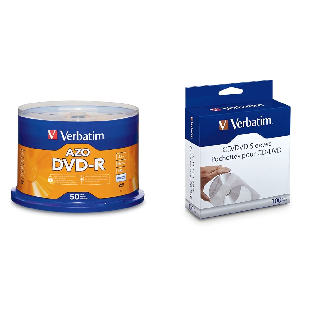 Verbatim DVD-R 4.7GB 16x AZO Recordable Media Disc - 50 Disc Spindle & CD/DVD Paper Sleeves-with Clear Window 100pk
