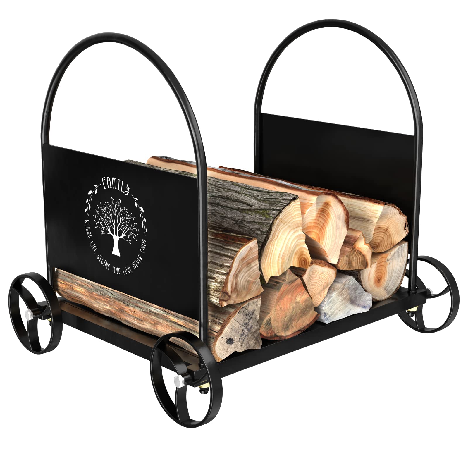 ART-GIFTREE Firewood Rack Indoor Decorative Small Fireplace Log Holder with Wheels, Iron Firewood Carriers for Inside/Outdoor, Heavy Duty Logs Storage Stand for Fire Pit Stove Accessories - Family
