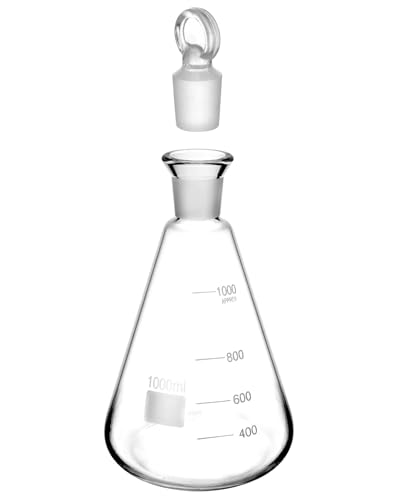 QWORK 1000ml Lodine Flask with Stopper, Thick Wall Flask with 24/29 Standard Conical Outer Connection, Heavy Duty Borosilicate Glass Erlenmeyer Flask Interchangeable Stopper, Conical Shape