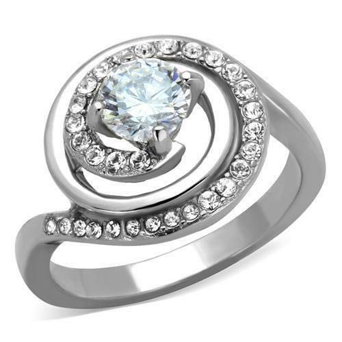 6mm Round Cut CZ & Crystal Swirl Stainless Steel Engagement Ring Size 5-10