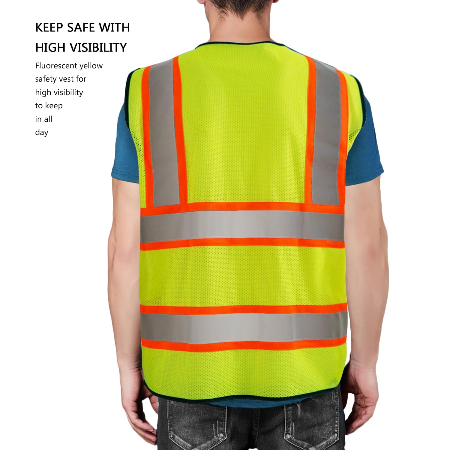 T-Sheng A Mesh and Knitted Safety Vest for Men with Pockets and Zipper Bright Neon Color with Reflective Strips,High Reflective Vest Fit Unisex Perfect M