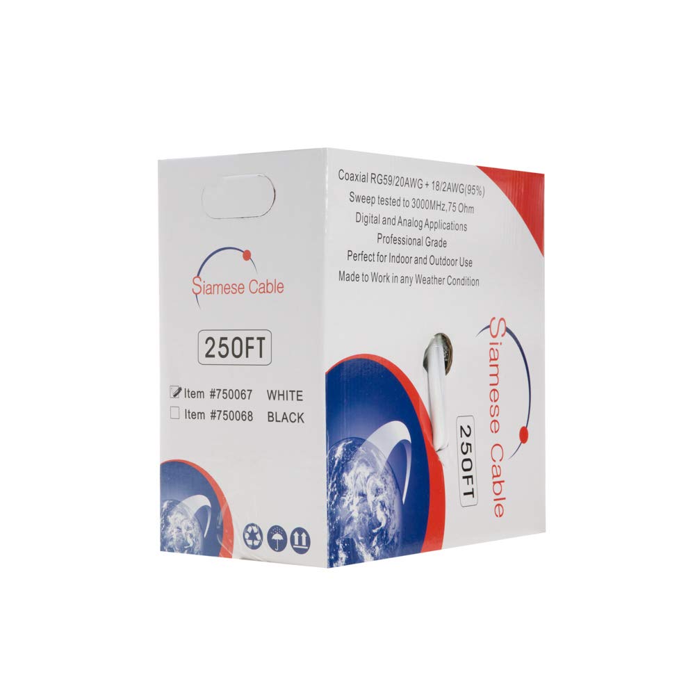 Bulk Siamese RG59/U Cable, 20AWG + 18/2AWG, 95% Shielding, CCTV Video Wire (White, 250FT)