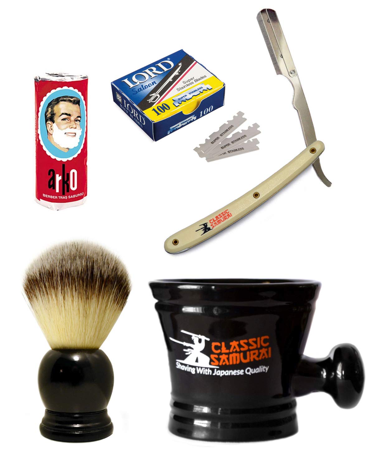 Classic Samurai Men's Shaving Set with Stainless Steel Professional Barber Straight Razor Shavette with Pure Badger Shaving Brush, Arko Stick Soap and Porcelain Mug