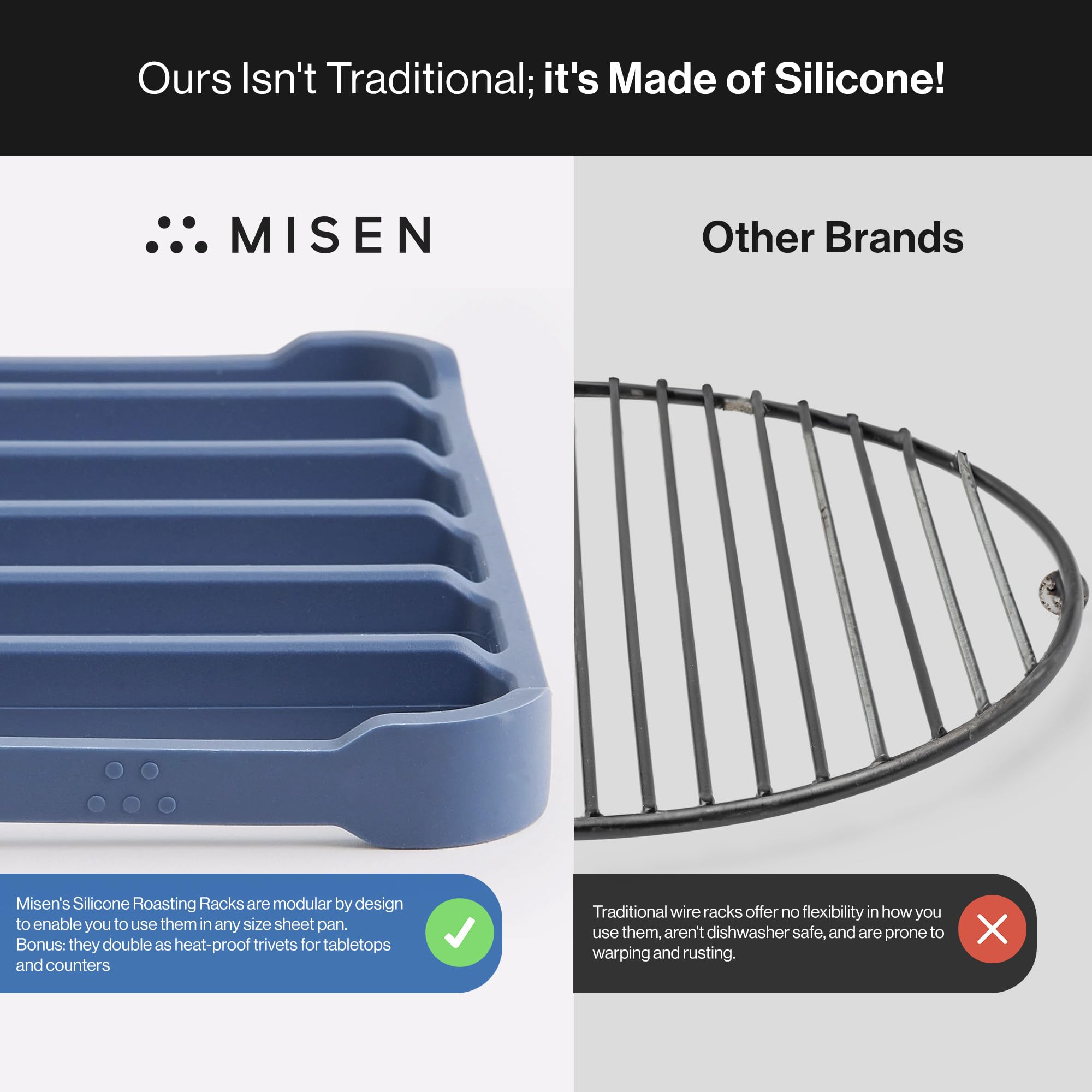 Misen Silicone Roasting Racks - Flexible 2-Piece Design, Maximum Airflow, Nonstick Surface, Easy to Clean, Perfect for Easy Sheet-Pan Dinners, No Scrubbing, High-Grade Silicone, Oven & Dishwasher Safe