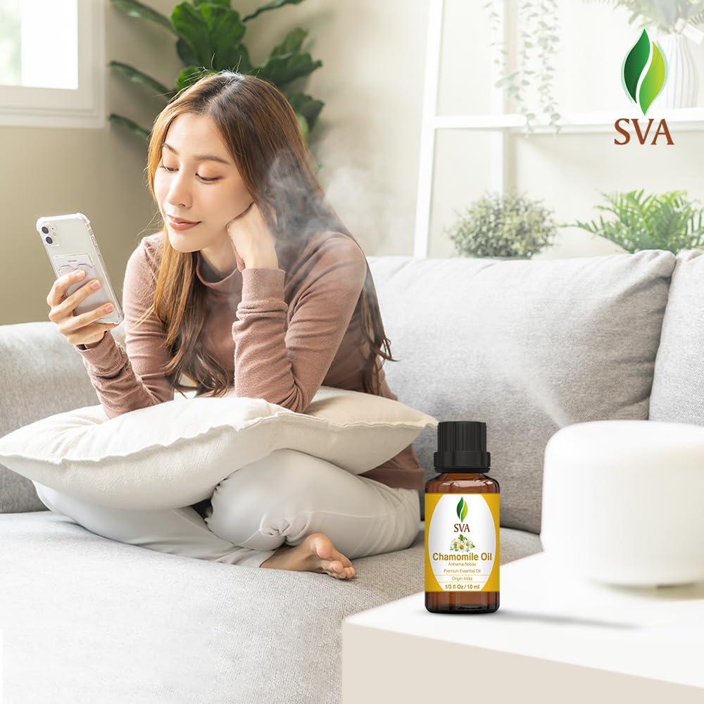 SVA Chamomile Essential Oil β 1/3 Fl Oz β 100% Natural Chamomile Oil - for Diffuser, Hair Care, Face, Skin Care, Aromatherapy, Scalp and Body Massage, Soap and Candle Making