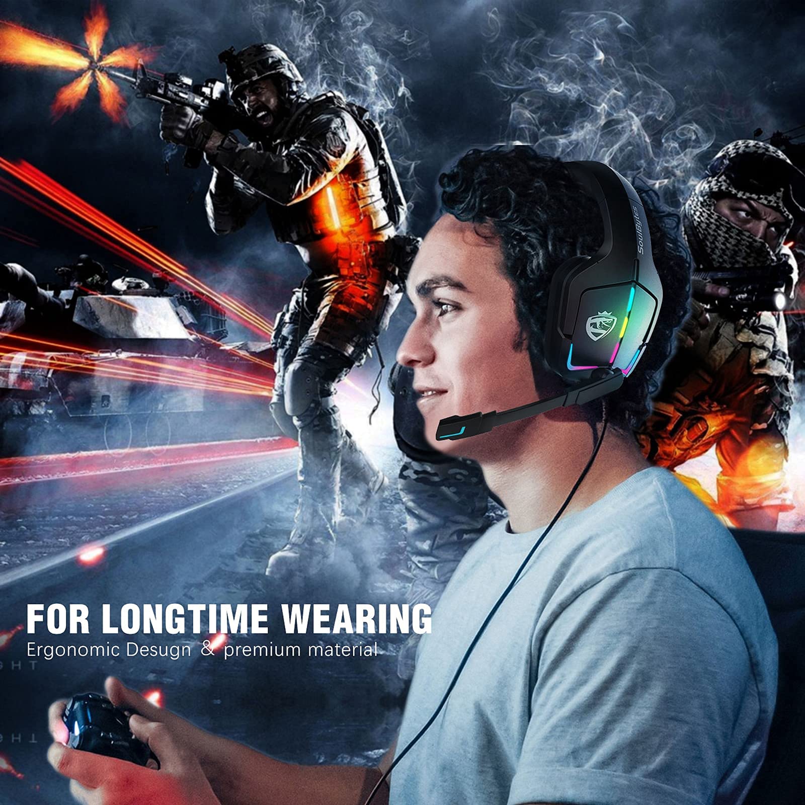 52HZ Gaming Headset, Hurround Hound Headset, Cool LED Light Headphone with Mic Light, PC Headset, Excellent Sound Quality Over-ear Headset for PC, Xbox One, Xbox series X|S, PS5, PS4, Black