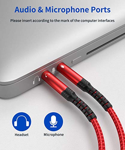 JSAUX Headset Splitter Cable for PC, 3.5mm Headphone Splitter Mic and Audio Y Splitter Jack, Female to 2 Male Adapter for Game-Red