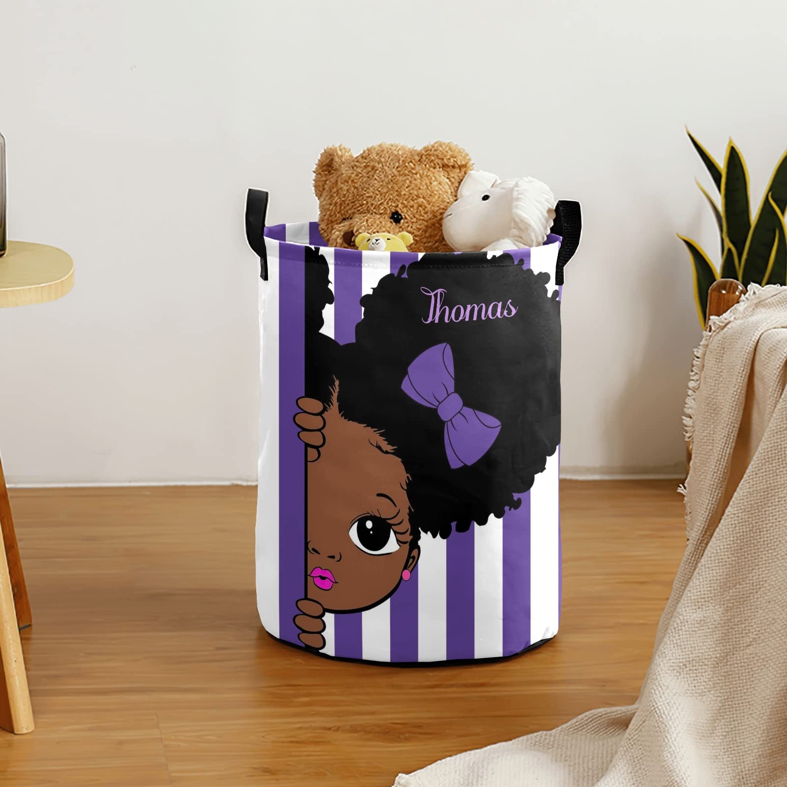 African Girl Violet Personalized Laundry Hamper,Custom Name Collapsible Waterproof Laundry Basket Storage Bins with Handle for Clothes,Toy,Nursery