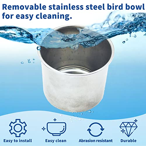 kathson Bird Feeding Cups with Wooden Platform, Bird Bowls Hanging Stainless Steel Parrot Cage Feeder & Water Bowl Parakeet Feeder Bird Perches Stand Cage Accessories for Parakeet Budgies