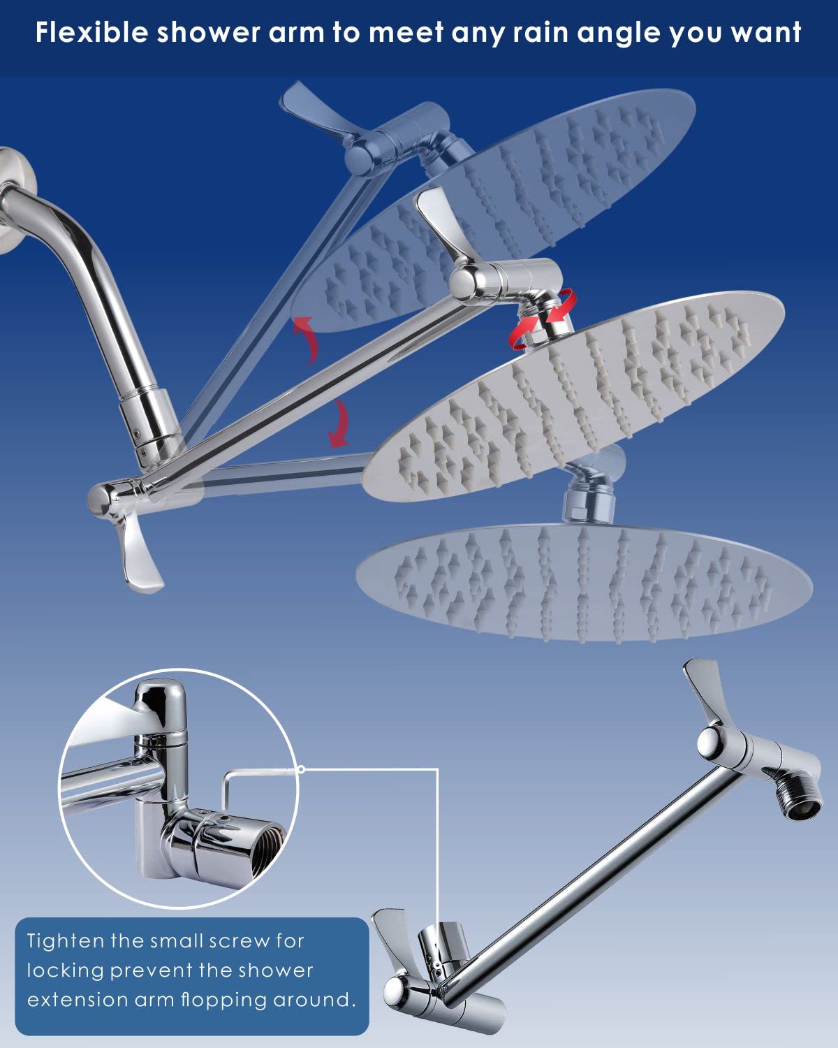 8'' Rain Shower Head with 11'' Adjustable Extension Arm - Eolax High Pressure Rainfall Showerhead Solve Low Water Pressure and Flow - Bathroom Fixed Shower Heads Made of 304 Stainless Steel - Chrome