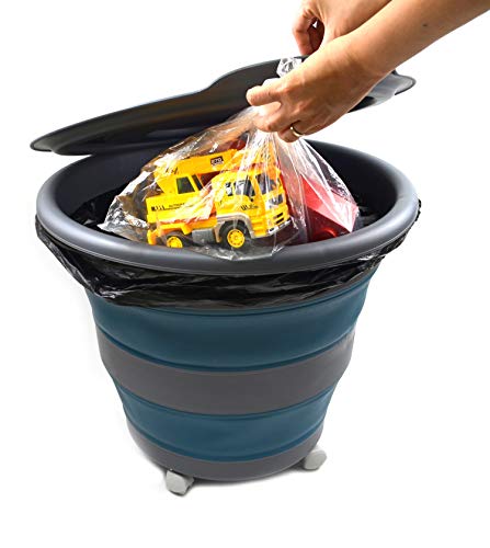 SAMMART 66L(17.4 Gallon) Collapsible Plastic Garbage Bin with Wheels & Removable Lid-Foldable Pop Up Container-Portable Washing Tub-Space Saving Basket,Water Capacity 56L(14.8 Gallon)(Grey/Blue)