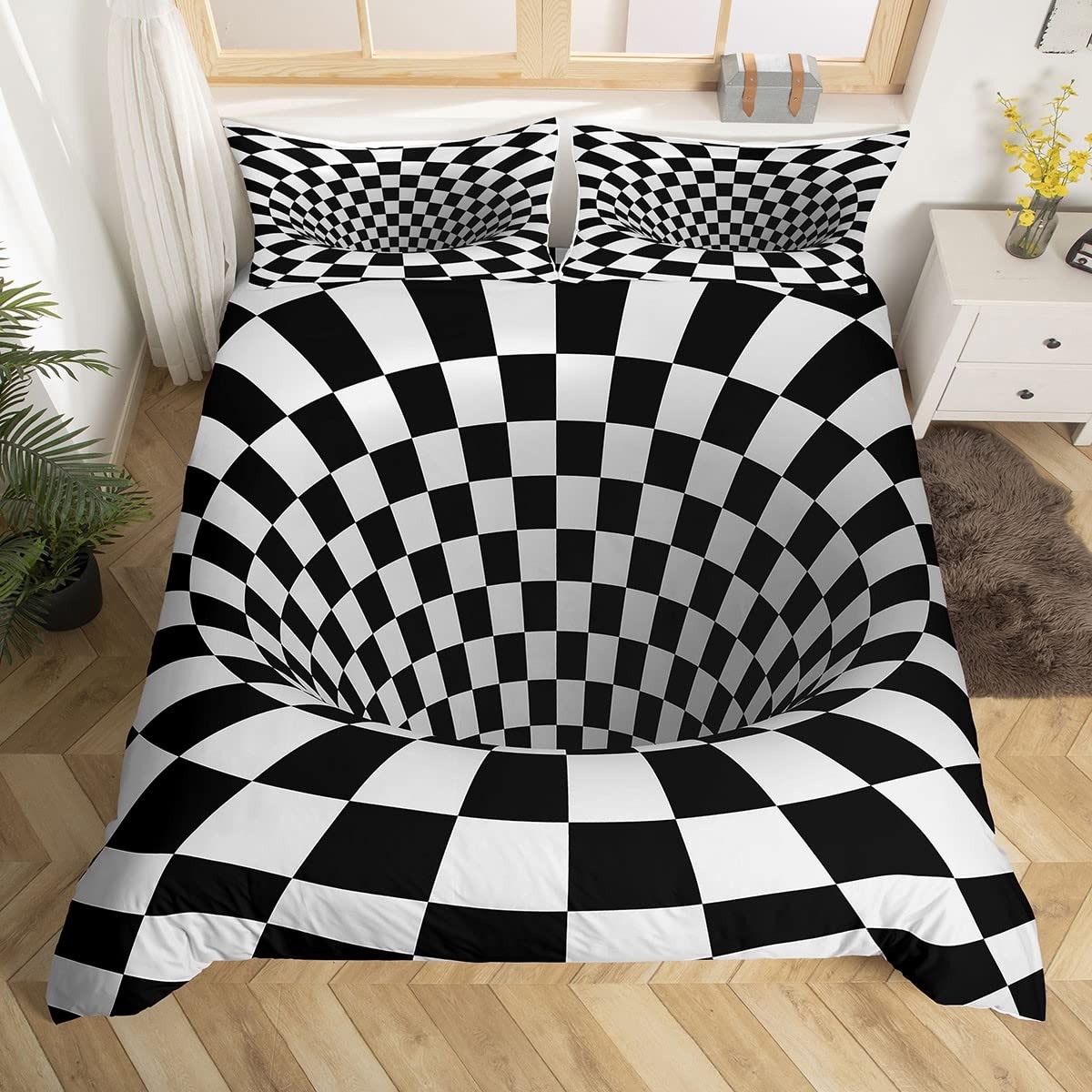 Castle Fairy Op Art Bedding Set,Black White Grid Duvet Cover for Kids Teen Boys Girls,Geometric Arrangement Comforter Cover Decorative Room,Visual Geometry Quilt Cover with 2 Pillowcases,King Size