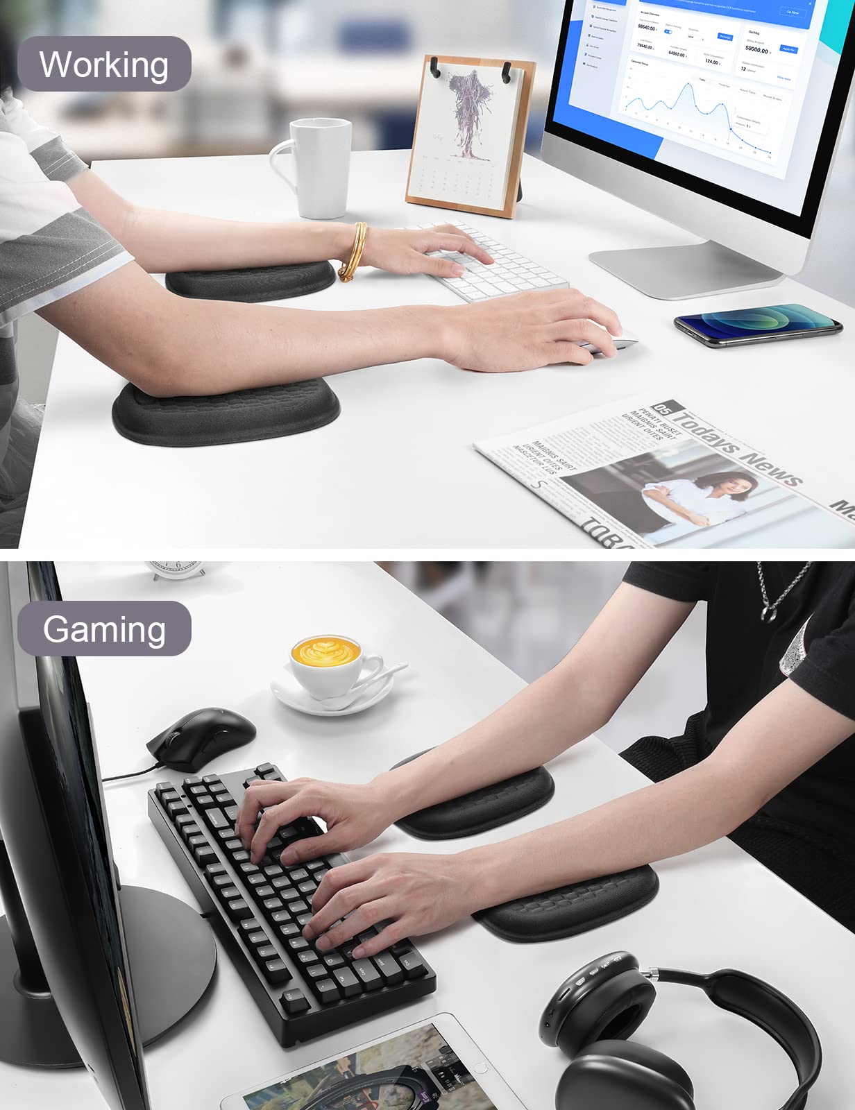 2pack Elbow Rest Pads for Desk, Ergonomic Arm Pad for Office Home Games, Memory Foam Rest Cushion Pad for Wrist, Arm & Elbow, Soft & Breathable, Non-Slip Silicone Base