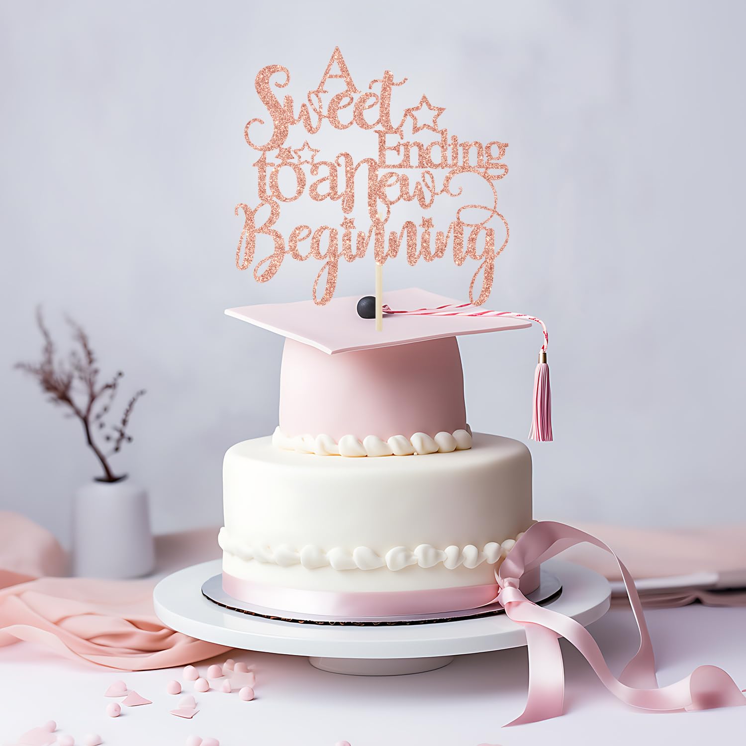 A Sweet Ending to A New Beginning Cake Topper, Congrats Grad 2025, Graduation/Wedding/Retirement Party Decorations, Rose Gold Glitter