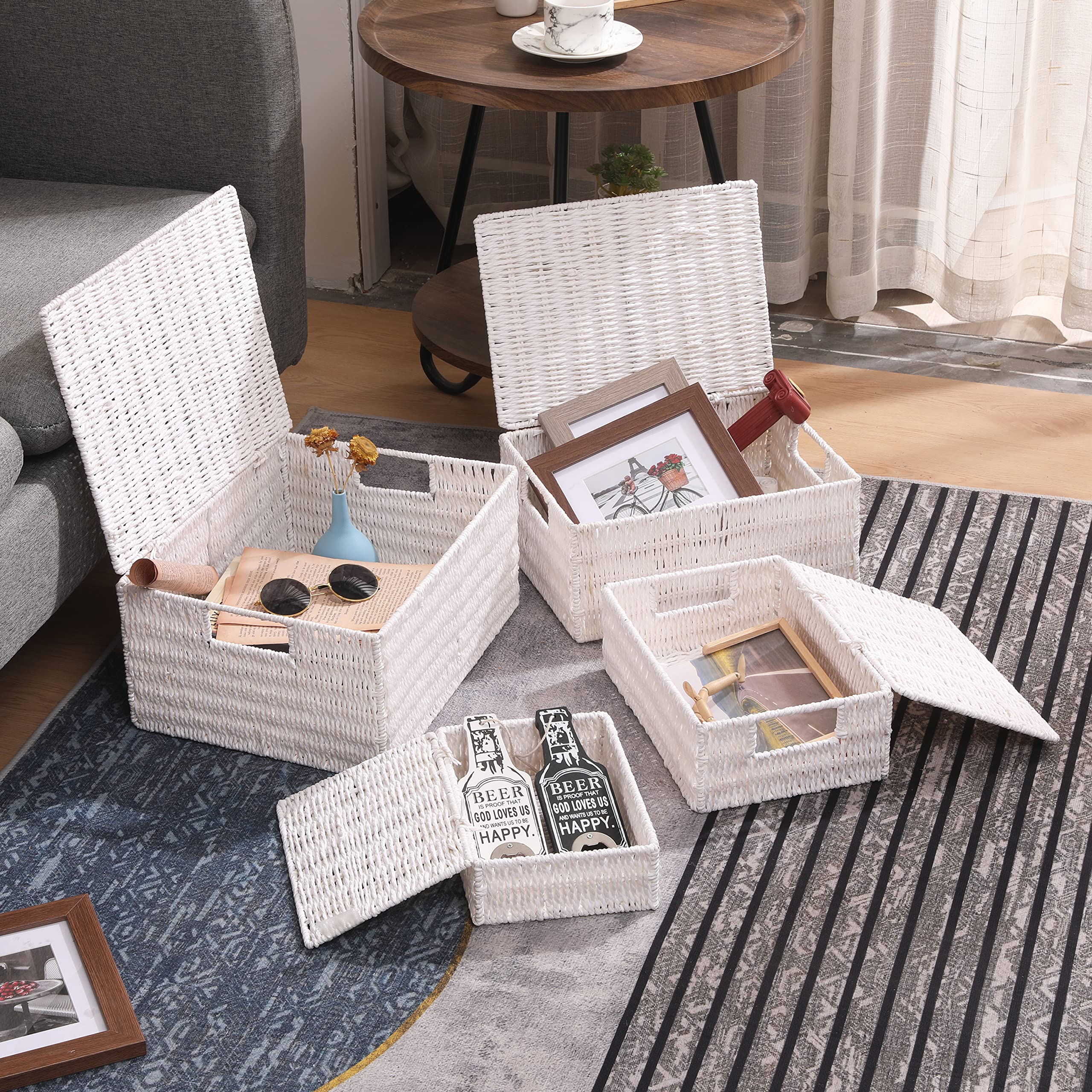 4 Set of Storage Baskets (Pearl White) - Rattan Decorative Box & Closet Organizers and storage & Basket with Lid & small basket with lid, decorative baskets for Clothes, Toys, Books